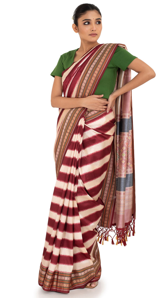 Patola Pallu Saree with Maroon Stripes – Drape Divaa