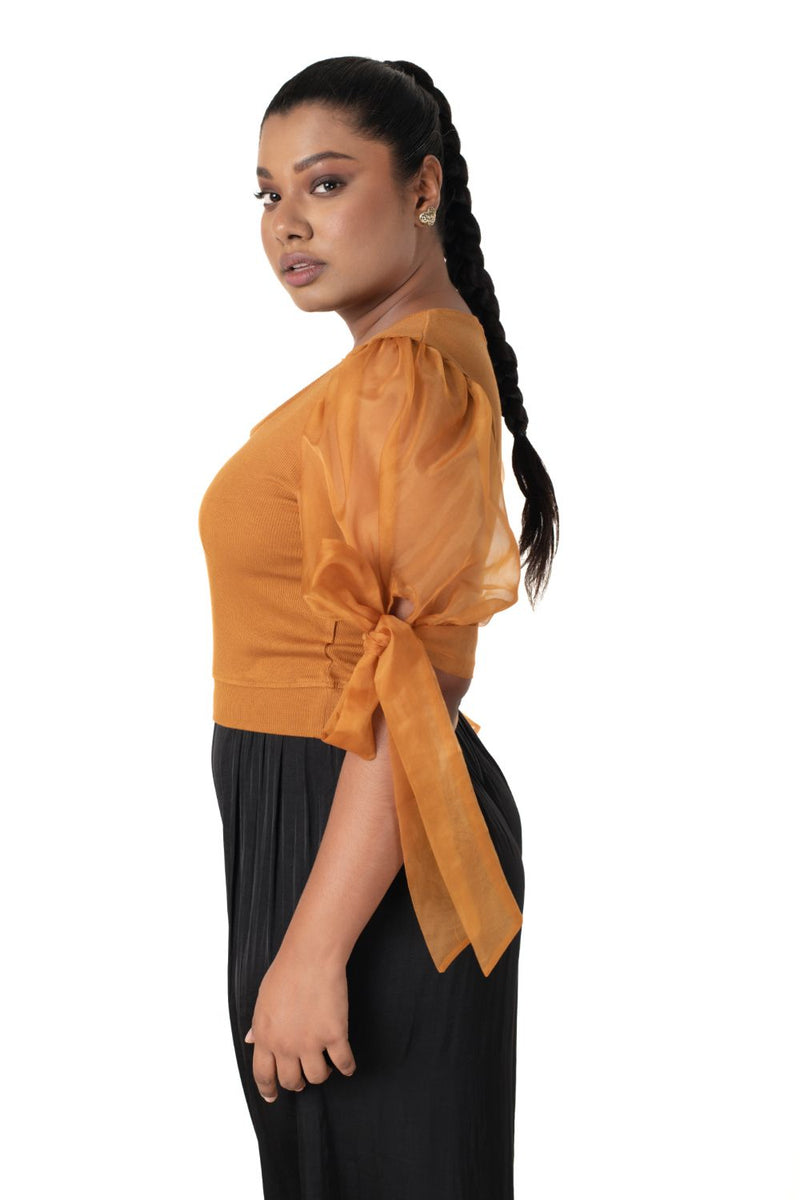 Round neck Blouses with Bow Tied-up Sleeves- Plus Size | Drape Divaa